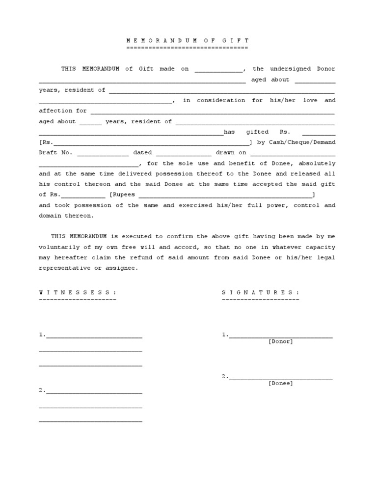 Memorandum of Gift Agreement Template | PDF
