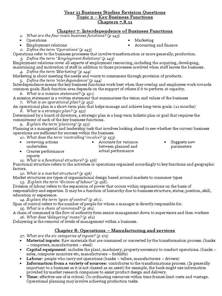 Year 11 Business Studies Revision Questions Topic 2 - Key Business ...