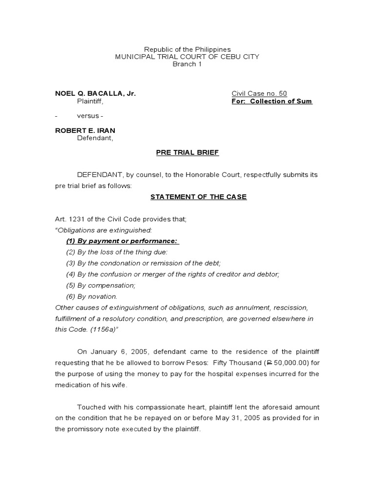 Sample Pre-trial Brief | Interest | Payments