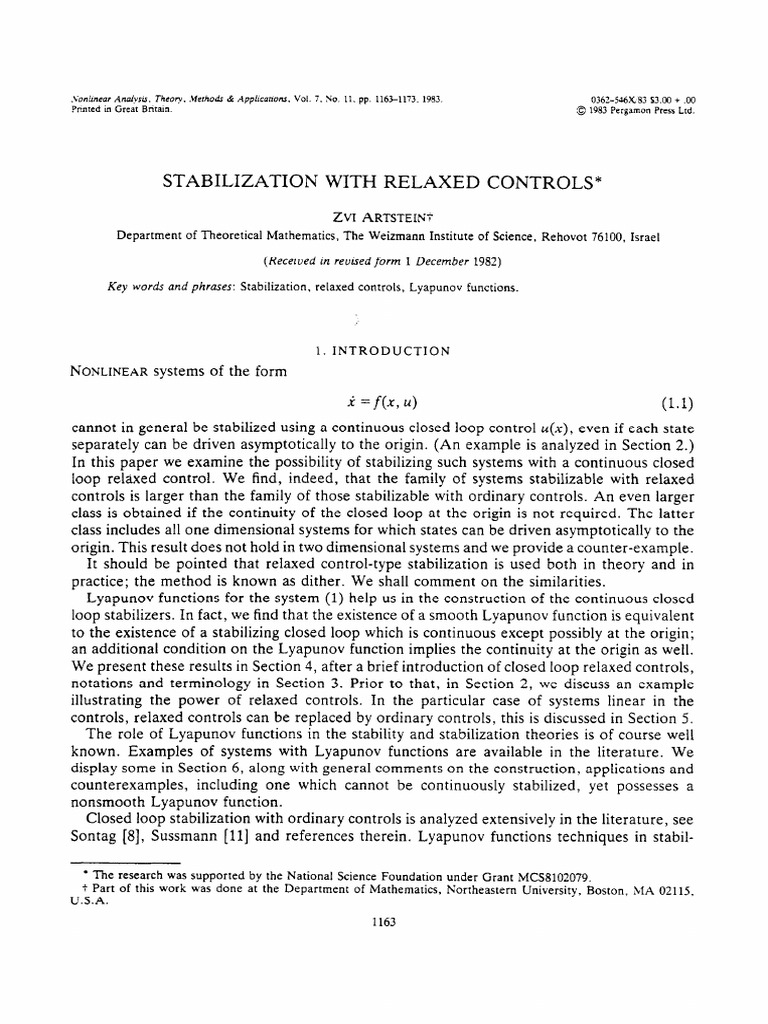 Stabilization With Relaxed Controls | PDF | Stability Theory | Control ...