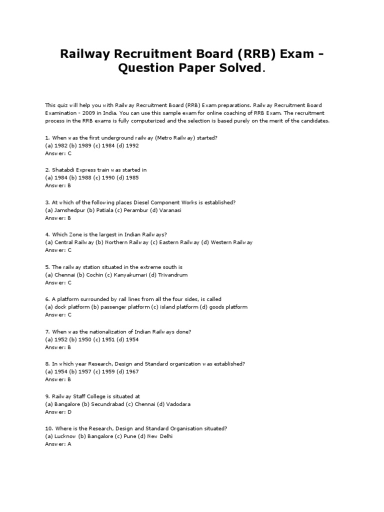 Railway Recruitment Board (RRB) Exam - Question Paper Solved | PDF ...
