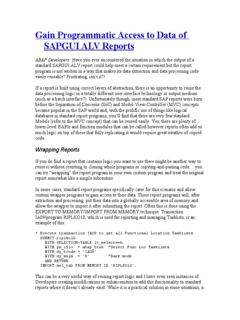 Gain Programmatic Access To Data Of Sapgui Alv Reports Pdf Parameter Computer Programming