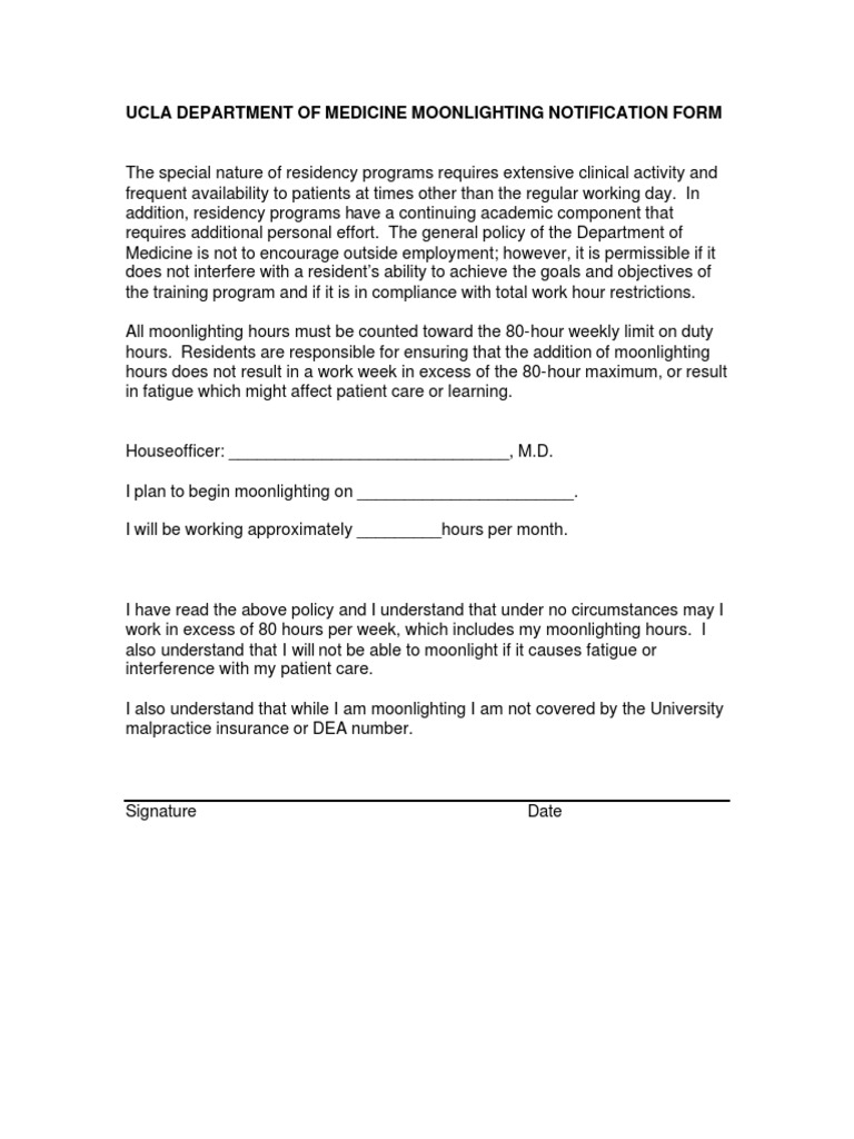 Ucla Department of Medicine Moonlighting Notification Form | PDF