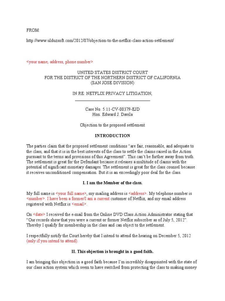 NetFlix Class Action Objection Letter | PDF | Class Action | Settlement ...
