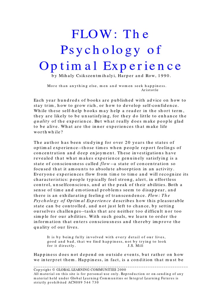 Flow The Psychology of Optimal Experience | PDF
