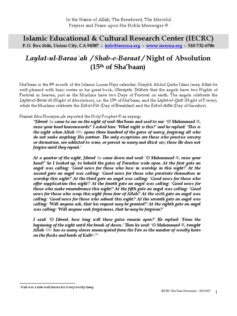 Nisf Shaban - IECRC | PDF | Prophets And Messengers In Islam ...