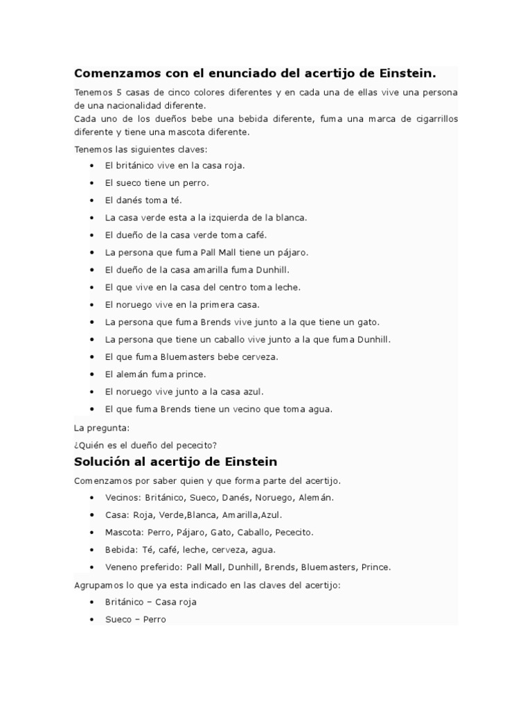El Acertijo de Einstein. ¡Con Solucion! | PDF | café | Té