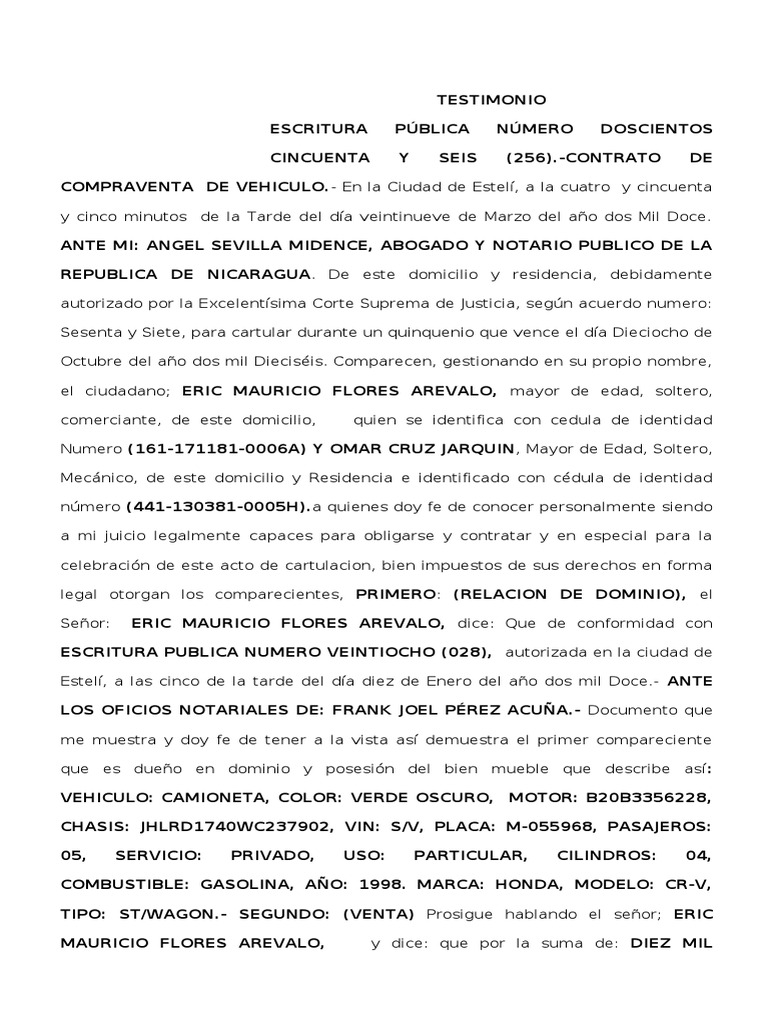 256 Testimonio Escritura Contrato de Compraventa de Vehiculo (Eric ...