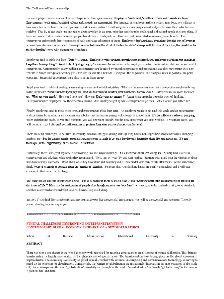 The Challenges of Entrepreneurship | PDF | Entrepreneurship | Business ...