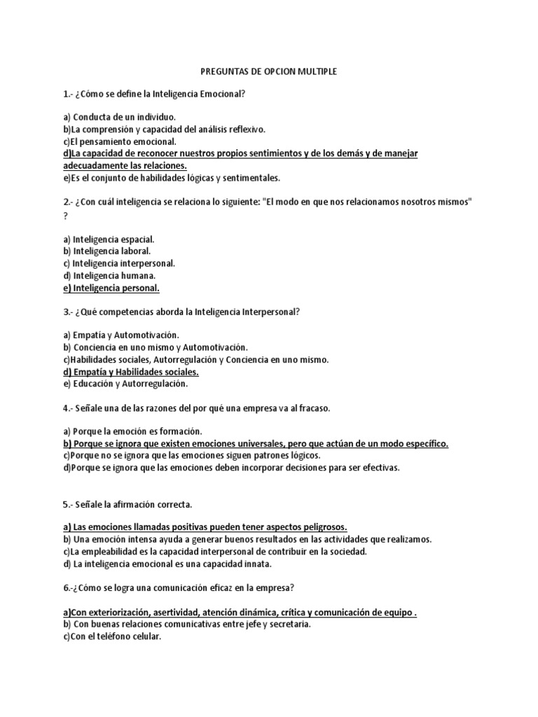 Preguntas de opción múltiple sobre inteligencia emocional, habilidades sociales y cambio | PDF ...