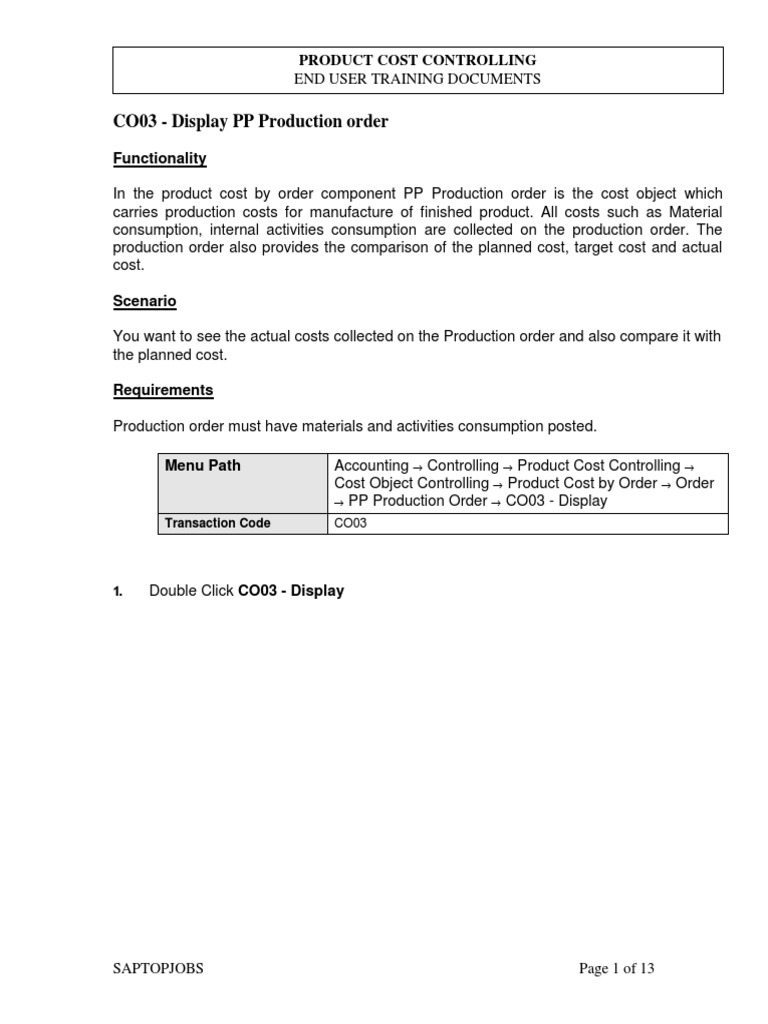 CO03 Display PP Production Order | PDF | Cost Accounting | Cost