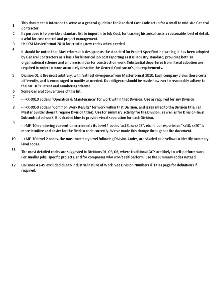 2010 Masterformat Sample JobCost Codes + Notes | PDF | Framing ...