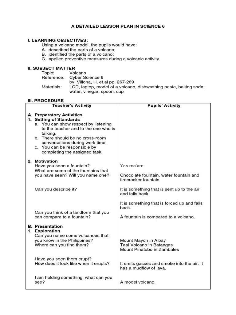 Volcanoes: Detailed Lesson Plan for Grade 6 | PDF | Lava | Volcano