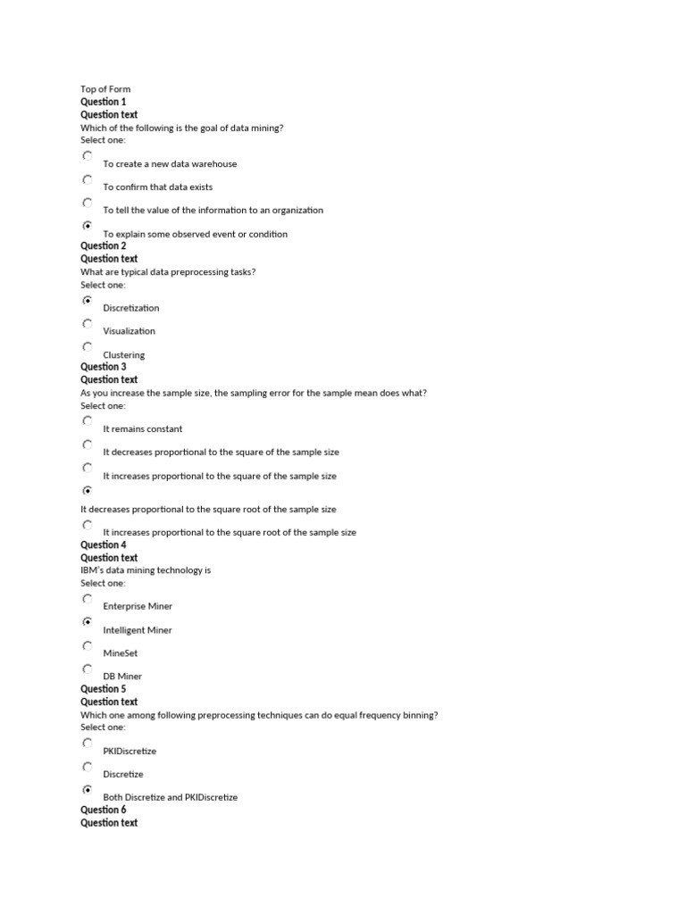 Data Mining Quiz | PDF | Sampling (Statistics) | Data Mining