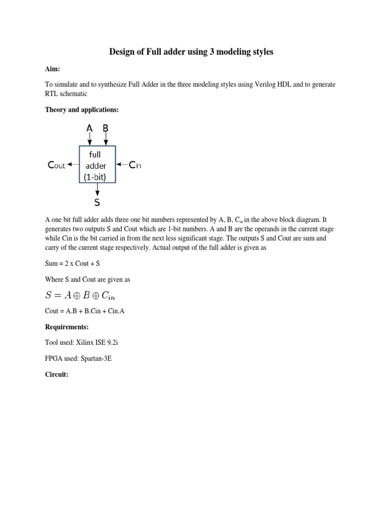 Full Adder Design Using Verilog HDL in Three Modeling Styles | PDF ... Full Adder Design Using Verilog HDL in Three Modeling Styles | PDF ...