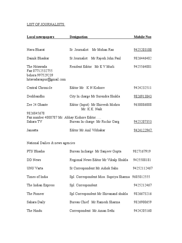 Journalist Contact List in India | PDF