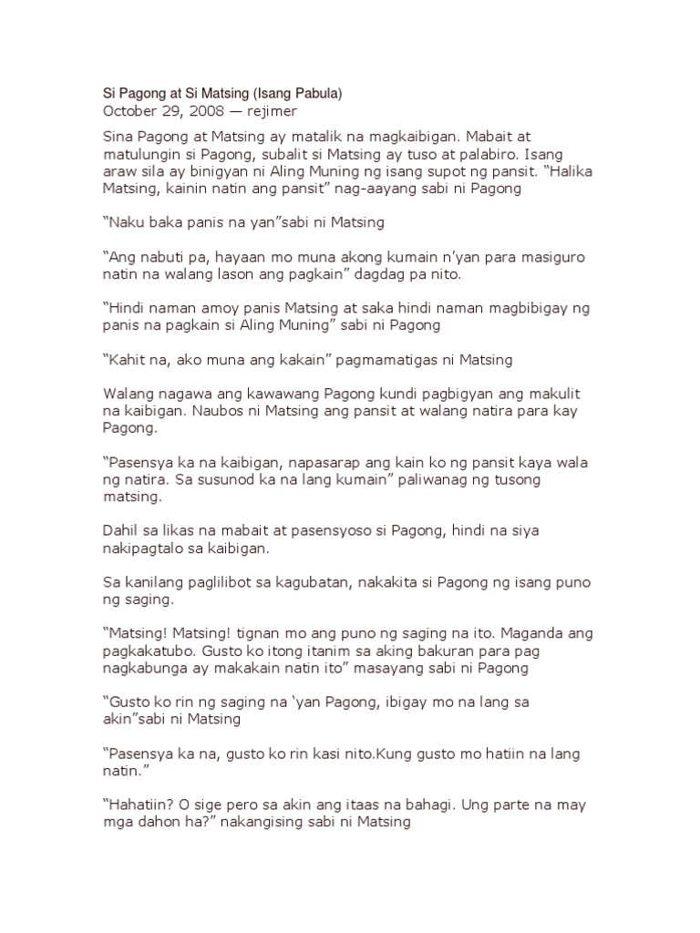 Si Pagong at Si Matsing STORY | PDF