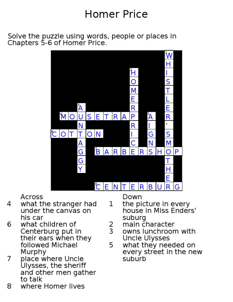 Crossword Puzzle Homer Price Answer Key | PDF