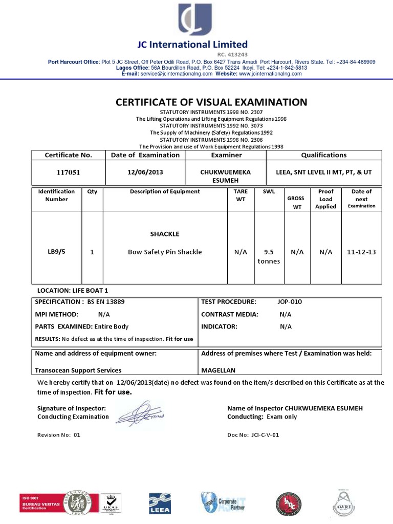 Certificate of Visual Examination: International Limited | PDF | Post ...