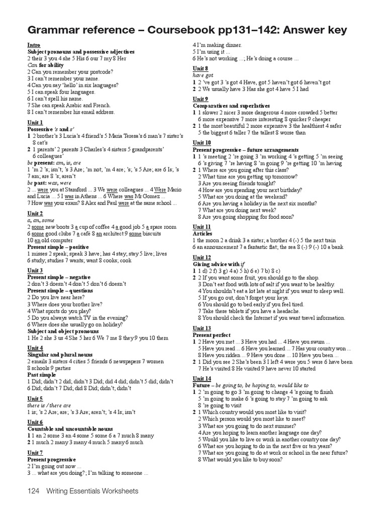 Grammar Reference - Coursebook pp131-142: Answer Key: Have Got Can For ...