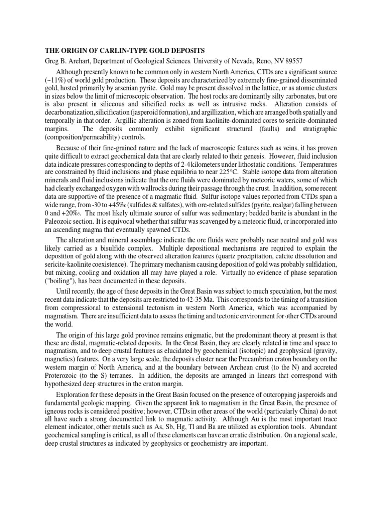 The Origin of Carlin Type Gold Deposits | PDF | Rock (Geology ...