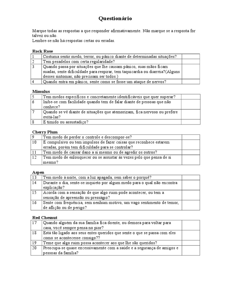 Questionario florais | Depressão | Vida