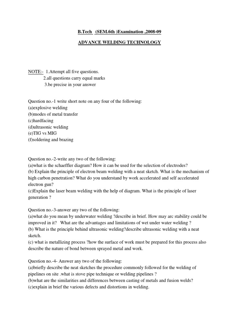 Question Papers of Advance Welding Technology For B | PDF | Welding ...