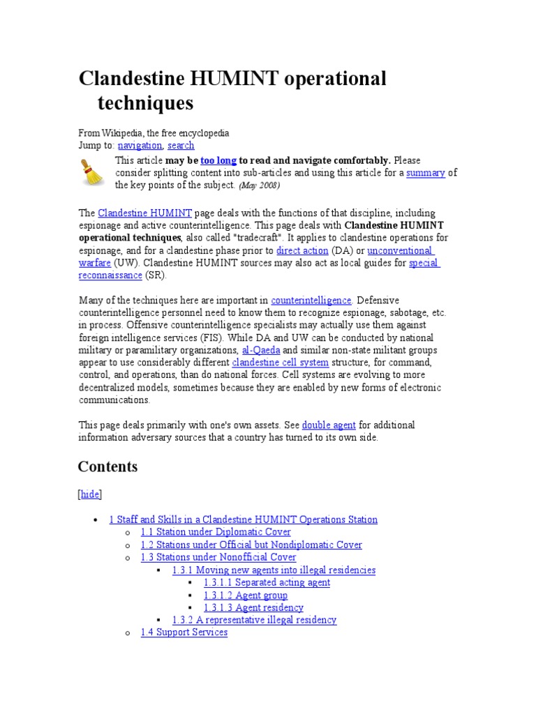 Clandestine HUMINT Operational Techniques | PDF
