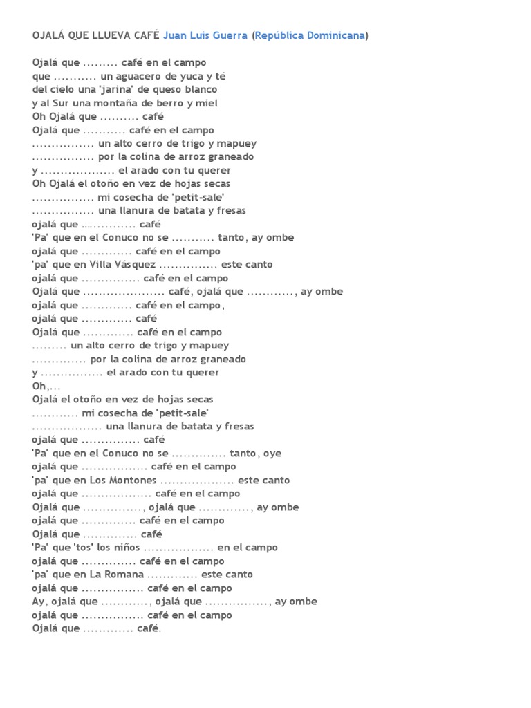 OJALÁ QUE LLUEVA CAFÉ Juan Luis Guerra | PDF | Amor | Dios