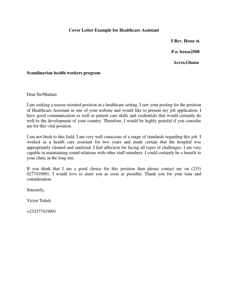 Cover Letter Example For Healthcare Assistant | PDF