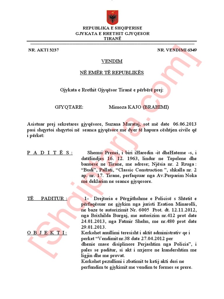 Vendimi I Gjykatës Së Tiranës Për Shemsi Prençin | PDF