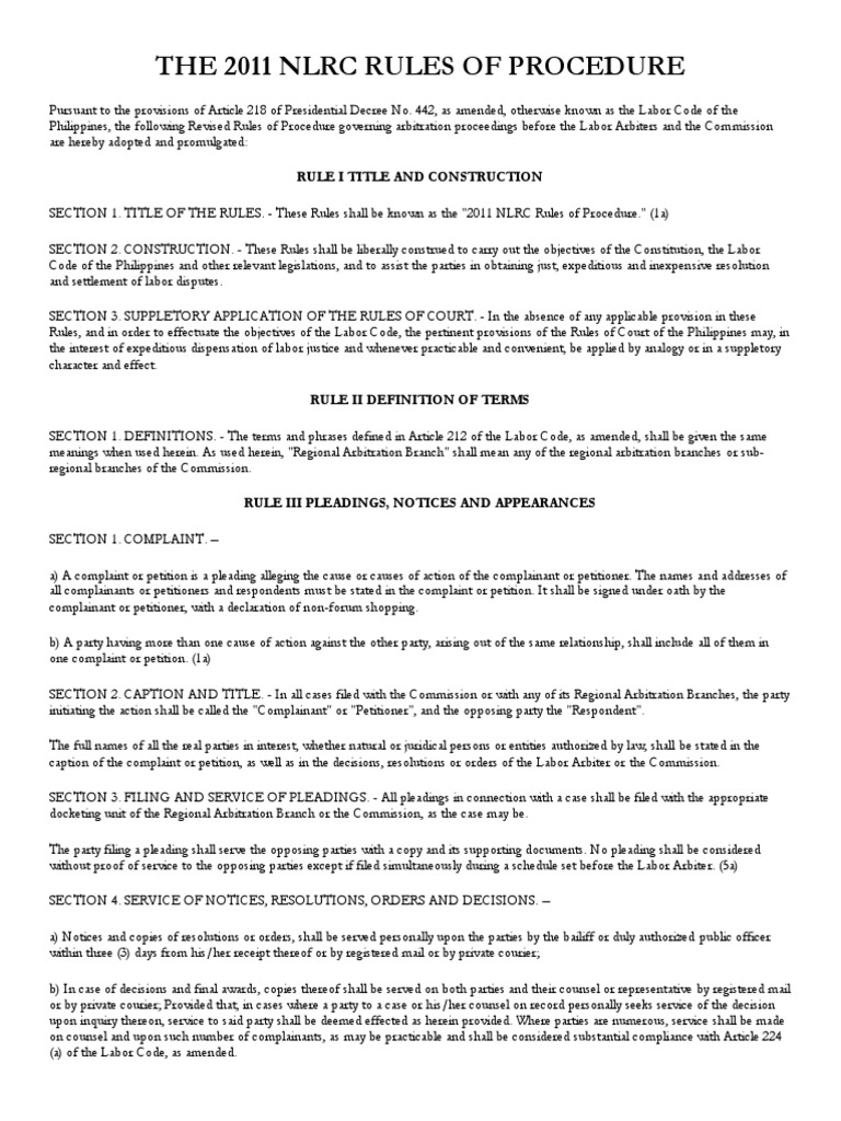 2011 NLRC Rules of Procedure Overview | PDF | Arbitration | Pleading