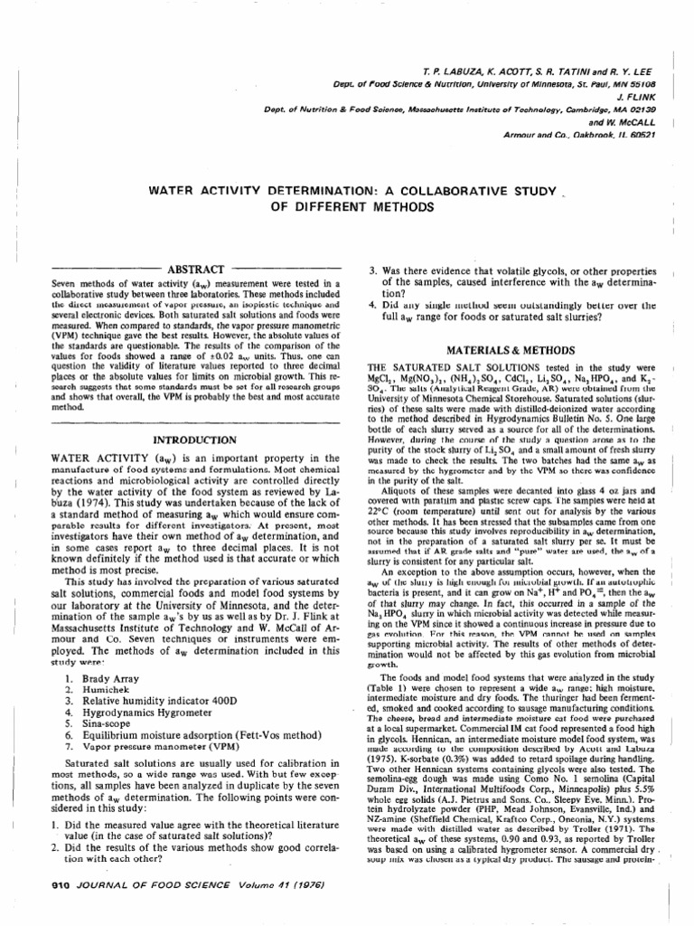 Water Activity Determination. Labuza 1976 PDF | PDF | Pressure ...