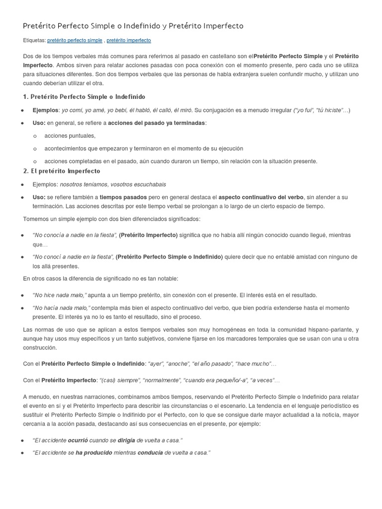 Pretérito Perfecto Simple o Indefinido y Pretérito Imperfecto | PDF ...