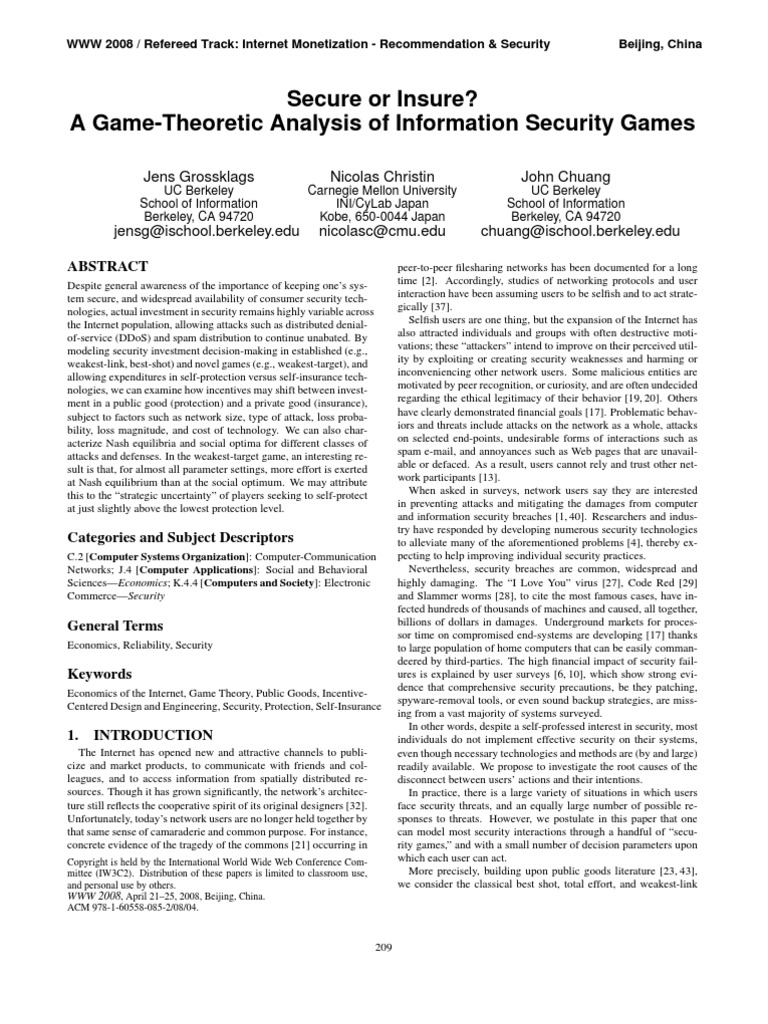 Secure or Insure? A Game-Theoretic Analysis of Information Security Games | PDF | Computer ...