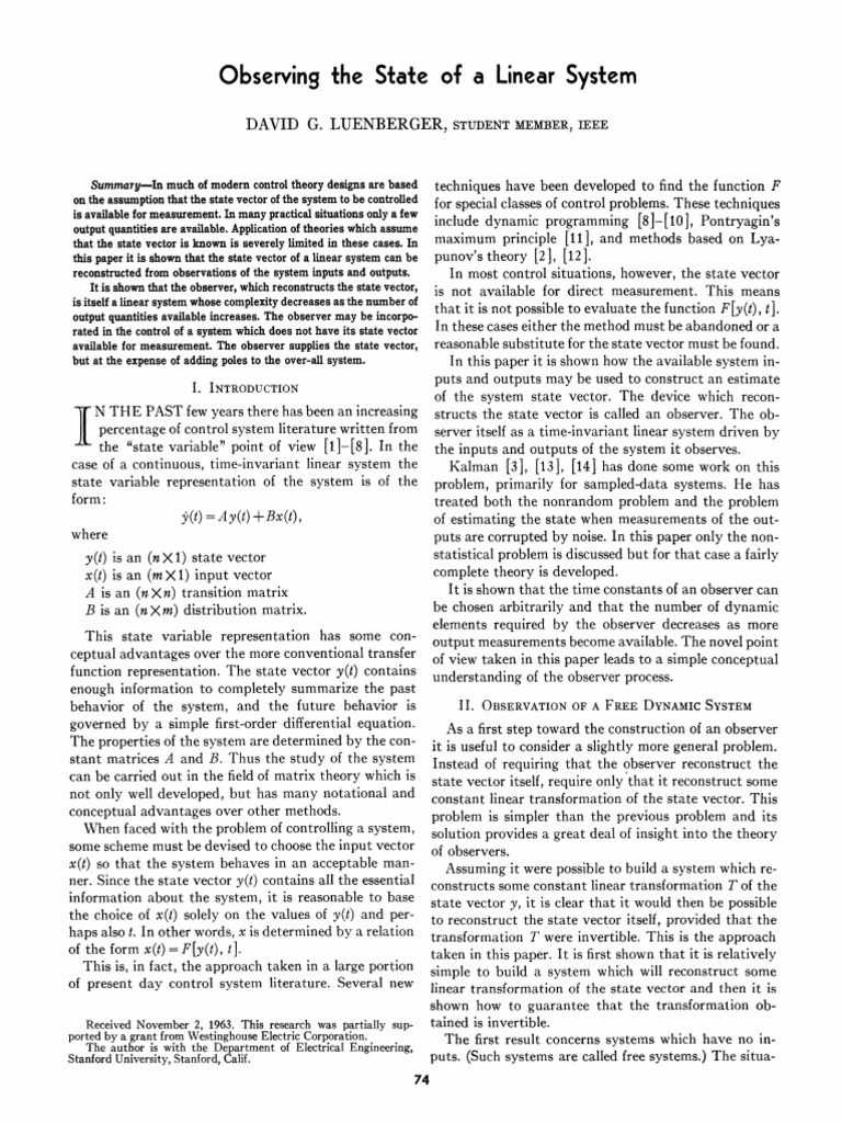 Luenberger, D.G. (1964) - Observing The State of A Linear System. | PDF | Eigenvalues And ...