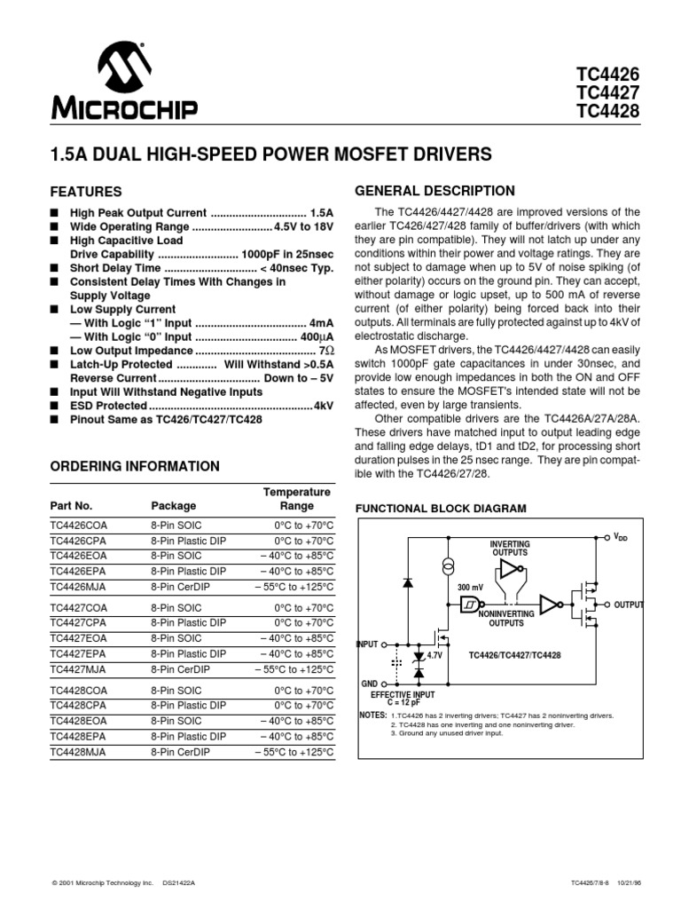 TC4426 TC4427 TC4428 1.5A Dual High-Speed Power Mosfet Drivers | PDF ...