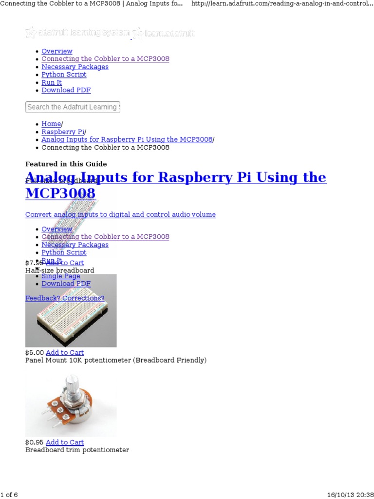 Analog Inputs For Raspberry Pi Using The MCP3008: Search The Adafruit Learning System | PDF ...
