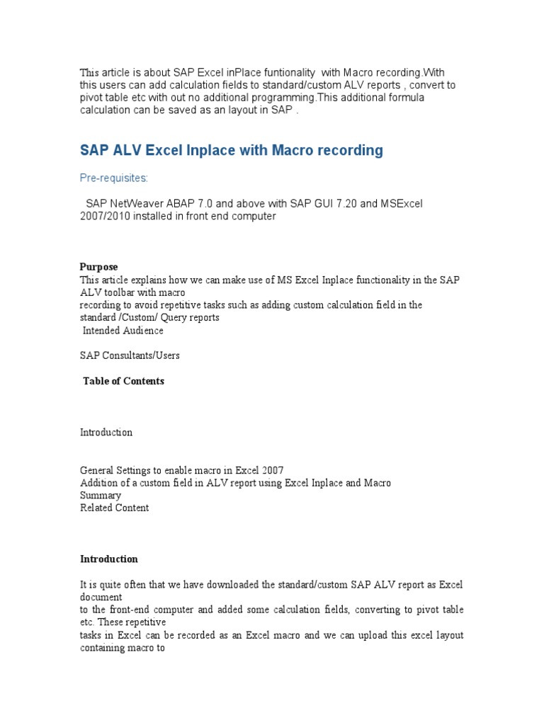 SAP ALV Excel Inplace With With Macro Recording | PDF | Microsoft Excel ...