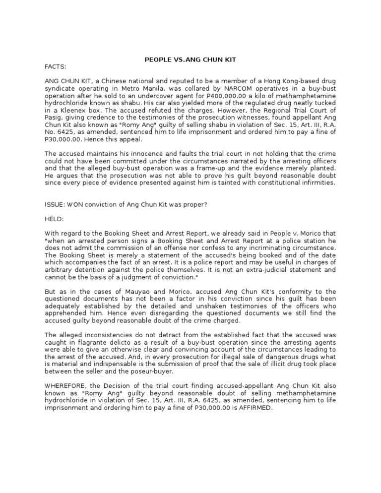 People Vs Ang Chun Kit | PDF | Burden Of Proof (Law) | Arrest