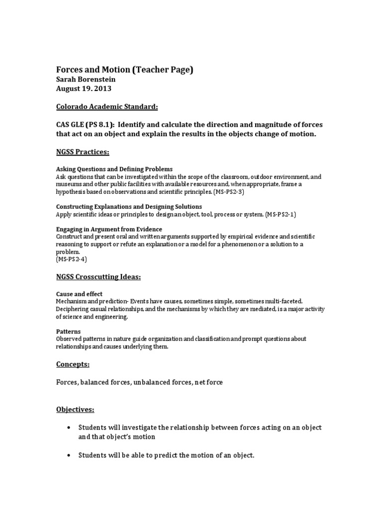 Forces and Motion: An Investigation of Balanced and Unbalanced Forces ...