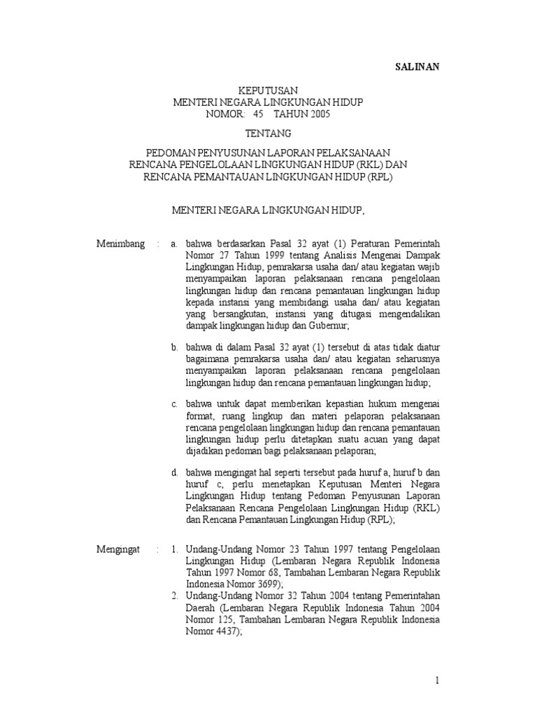 Kepmenlh - 45 - 2005 - Pedoman Pemantauan RKL Dan RPL | PDF | Teknologi ...