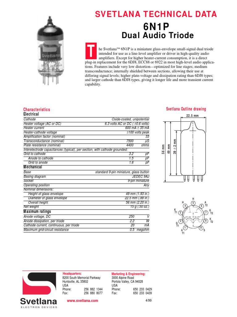 Svetlana 6N1P Dual Triode Datasheet | PDF | Technology & Engineering
