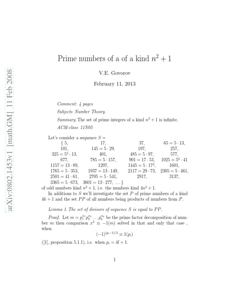 Prime Numbers of The Kind n2 1 | PDF | Prime Number | Discrete Mathematics