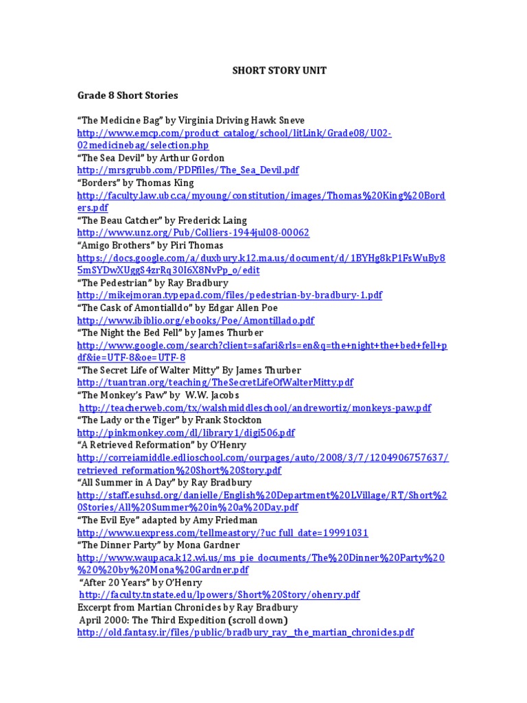 Short Story Unit List | PDF | Ray Bradbury | Short Stories