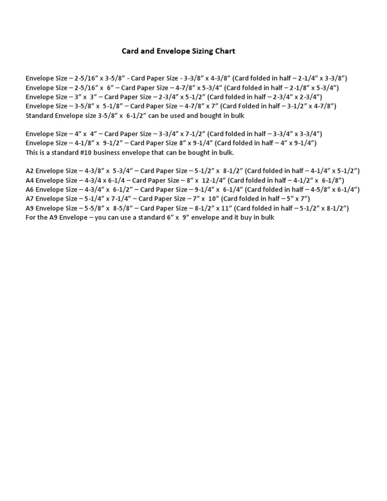Card & Envelope Sizing Chart PDF | PDF