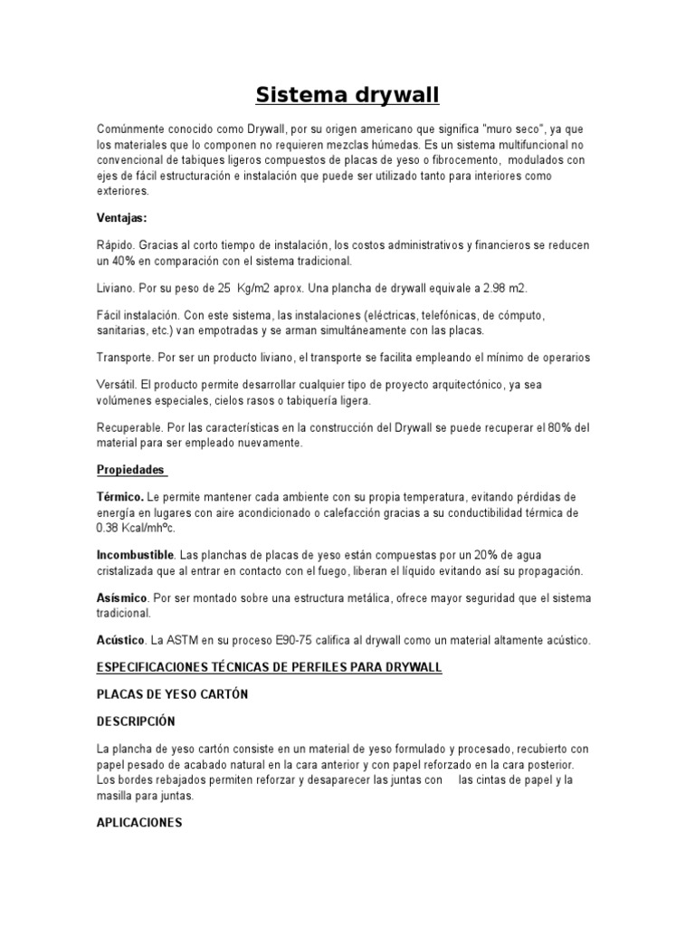 Características del sistema drywall | PDF | Papel | Materiales de ...
