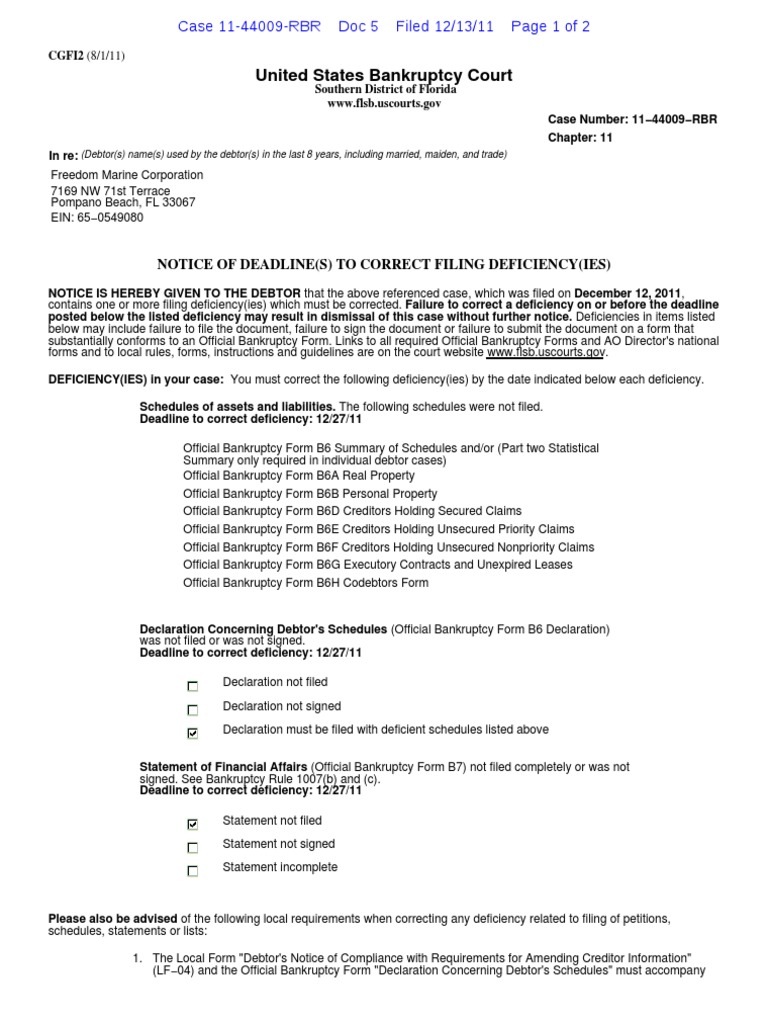 United States Bankruptcy Court: Notice of Deadline (S) To Correct ...