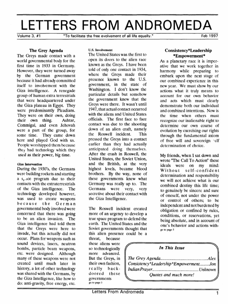 Letters From Andromeda_v3n1 | Free Will | Extraterrestrial Life