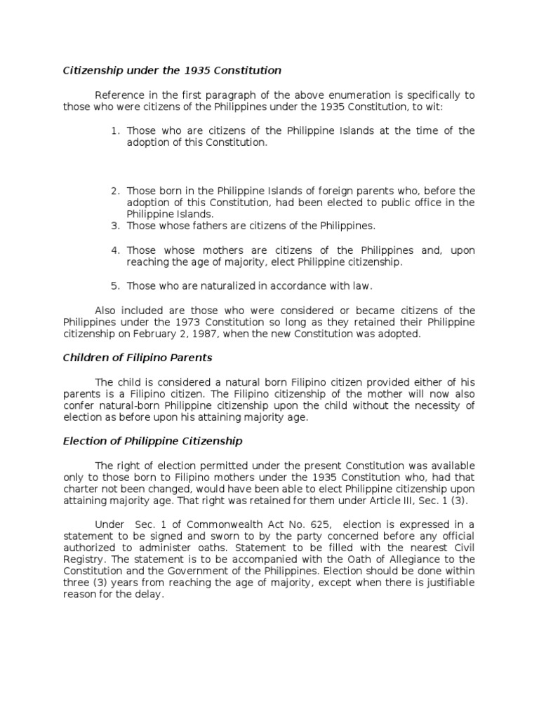 Citizenship Under The 1935 Constitution | PDF